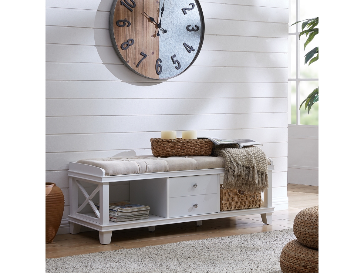 Southern Enterprises Furniture Karlen White Upholstered Storage Bench Ashley