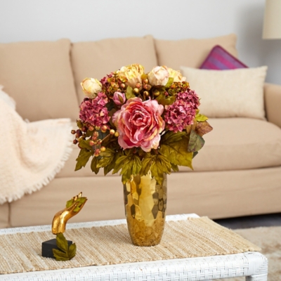Click here for 19 Peony Artificial Arrangement in Gold Vase  Gree... prices