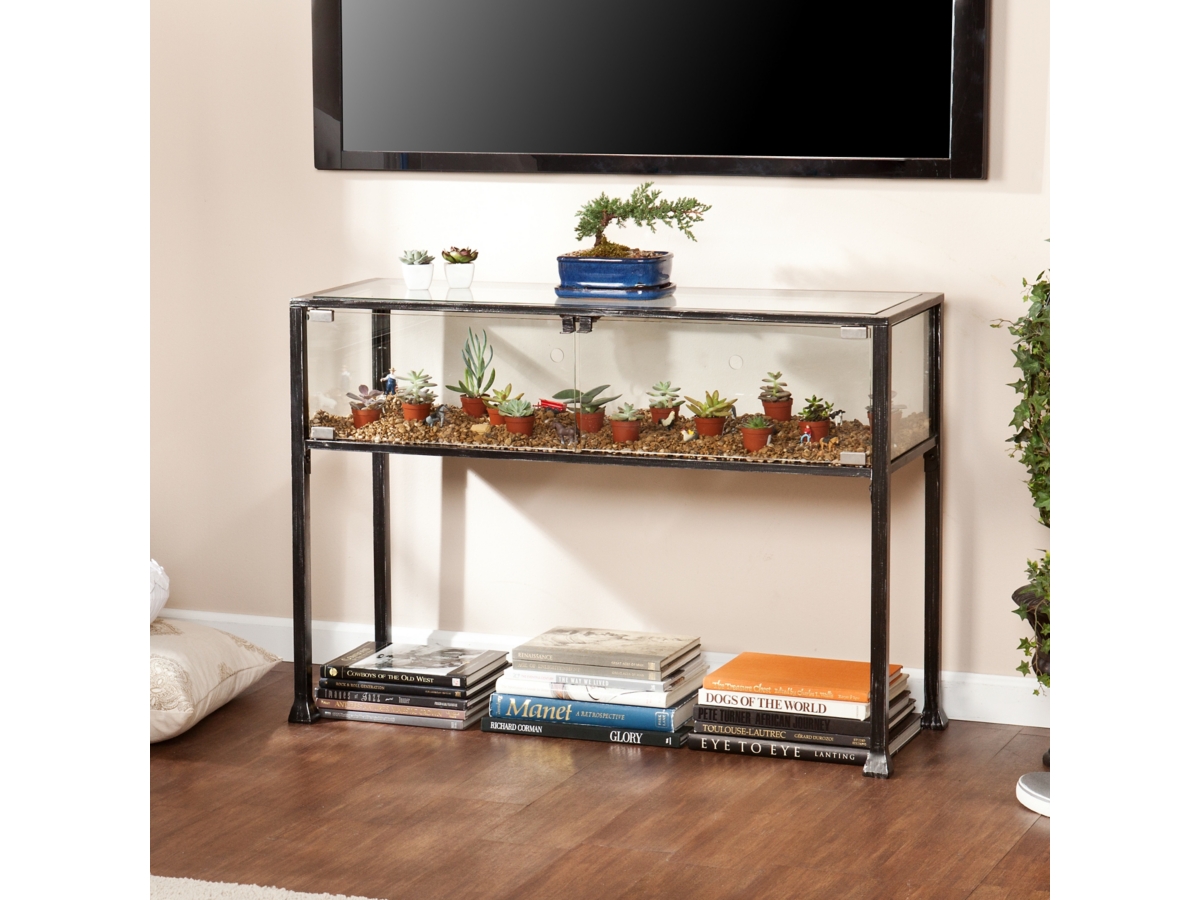 Southern enterprises terrarium glass display coffee table in black store