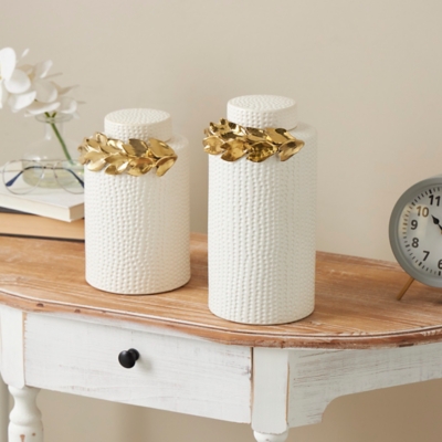 Click here for Bayberry Lane Leaf Jars Set of 2  White prices