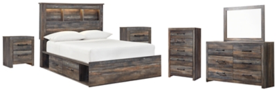 Drystan Full Bookcase Bed with 2 Storage Drawers with Mirrored Dresser  Chest and 2 Nightstands  Multi