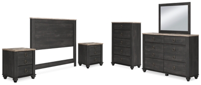 Nanforth Queen Panel Headboard with Mirrored Dresser, Chest and 2 Nightstands | Ashley