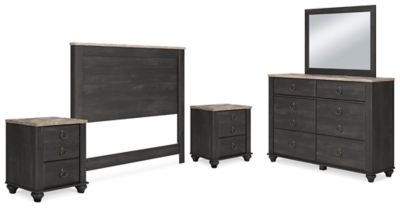 Nanforth Queen Panel Headboard with Mirrored Dresser and 2 Nightstands | Ashley