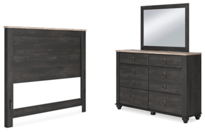 Nanforth Queen Panel Headboard with Mirrored Dresser | Ashley