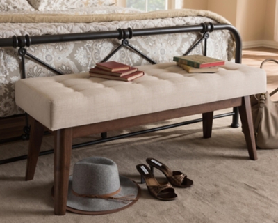 Click here for Elia Fabric Button-Tufted Bench  Light Beige/Walnu... prices