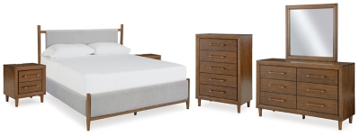 Lyncott Queen Upholstered Bed with Mirrored Dresser, Chest and 2 ...