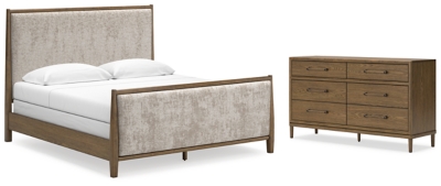 Click here for Roanhowe King Upholstered Bed with Dresser  Brown prices
