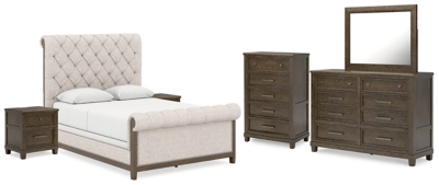 Hillcott Queen Upholstered Bed with Mirrored Dresser, Chest and 2 ...