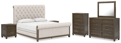 Hillcott California King Upholstered Bed with Mirrored Dresser, Chest ...