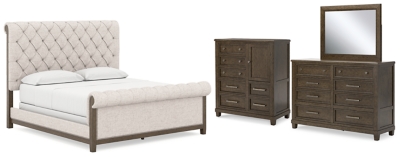 Hillcott King Upholstered Bed with Mirrored Dresser and Chest | Ashley