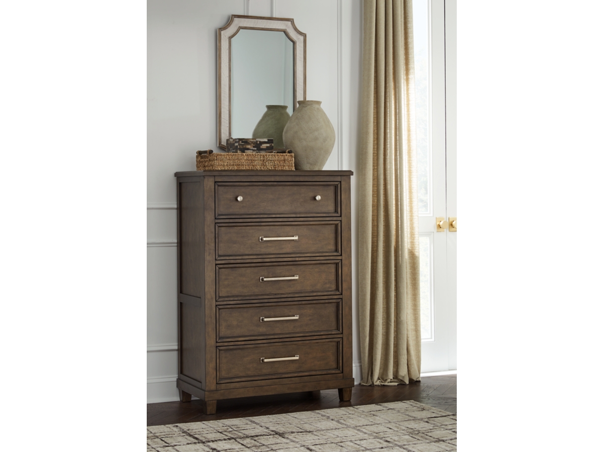 Hillcott King Upholstered Bed with Mirrored Dresser Chest and 2 Nightstands Ashley