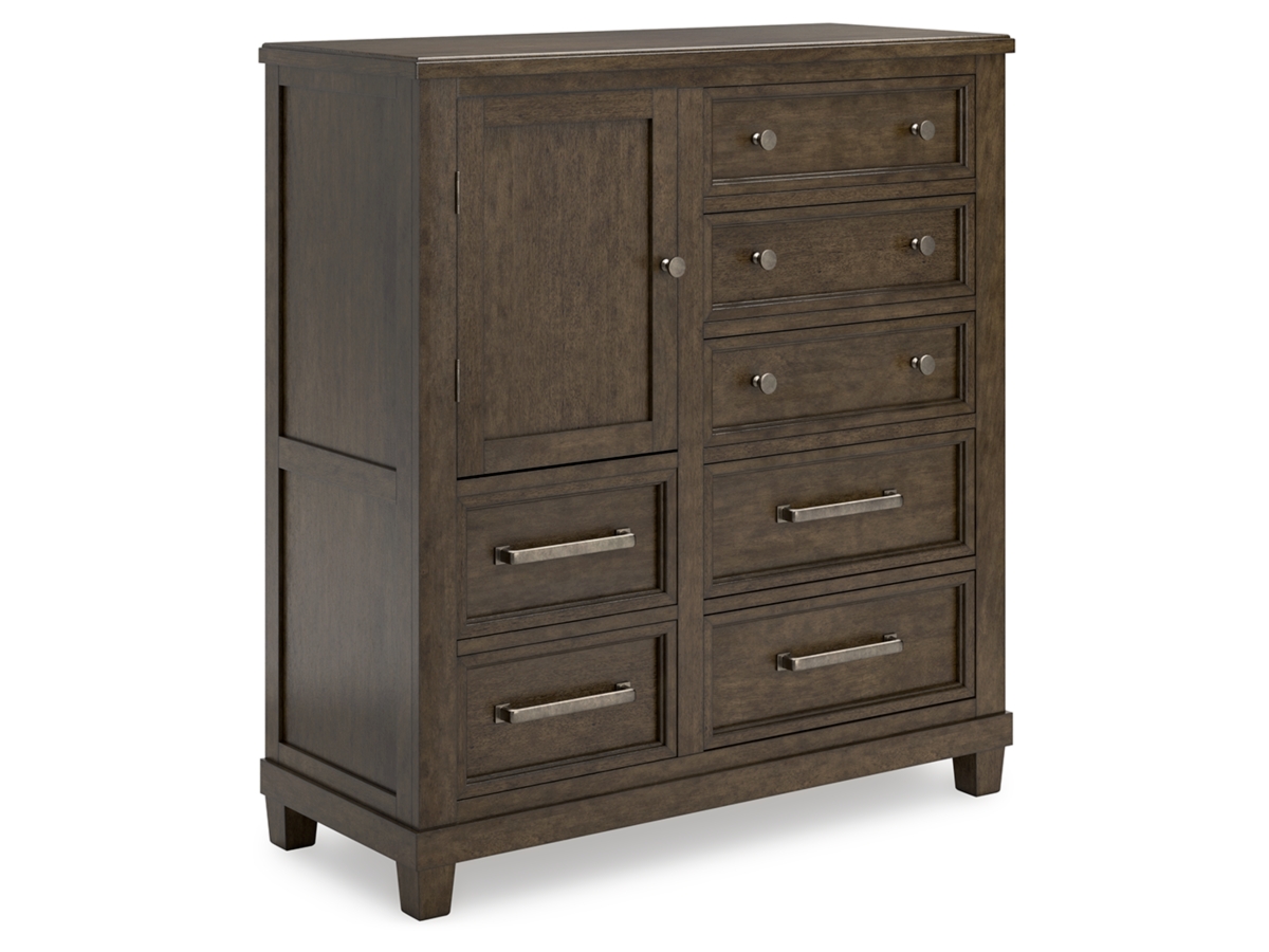 Hillcott Queen Upholstered Bed with Mirrored Dresser Chest and 2 Nightstands Ashley