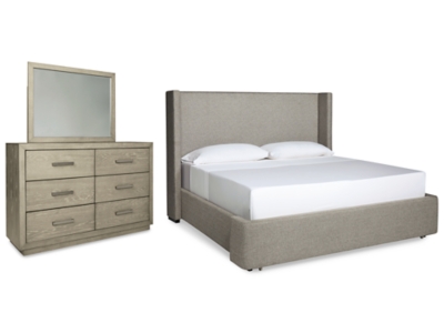 Fawnburg California King Upholstered Storage Bed with Mirrored Dresser ...