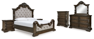 Maylee King Upholstered Bed with Mirrored Dresser, Chest and 2 Nightstands | Ashley