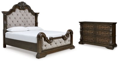 Click here for Maylee Queen Upholstered Bed with Dresser  Dark Br... prices