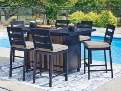 Mabry Shores Outdoor Fire Pit Table and 6 Barstools | Ashley